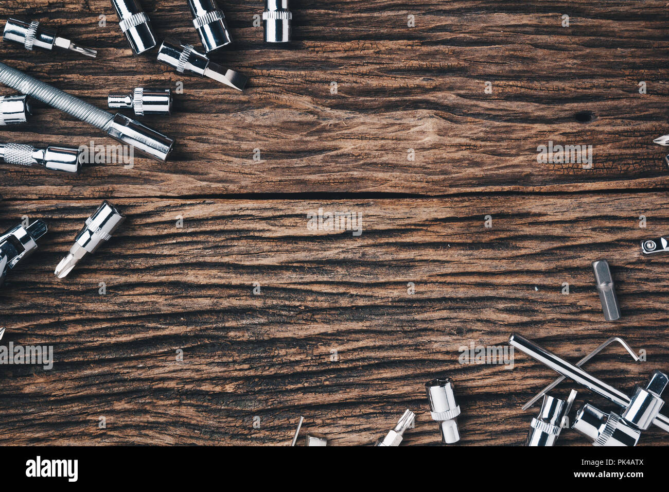 working tools on wooden table background close up,color effect Stock ...