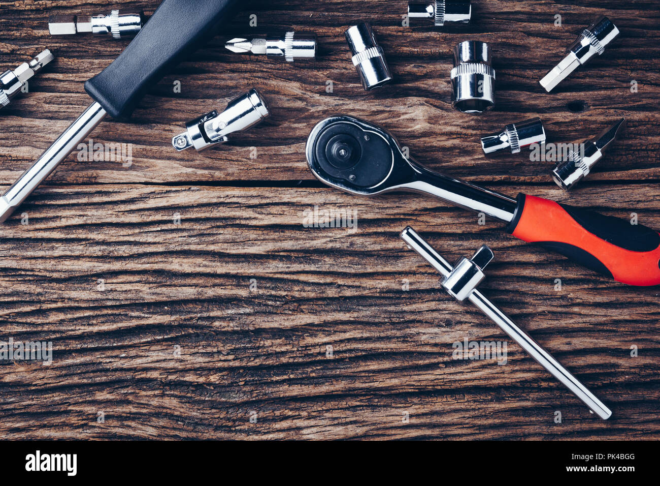 working tools on wooden table background close up,color effect Stock ...