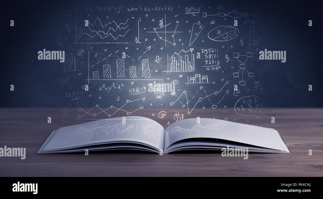 Hand-drawn financial plans and charts coming out of an open book Stock ...