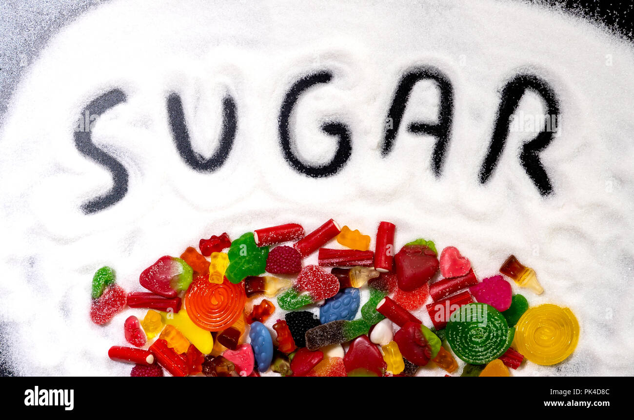 Mix of tempting sweets and candies with sugar spread and written text ...