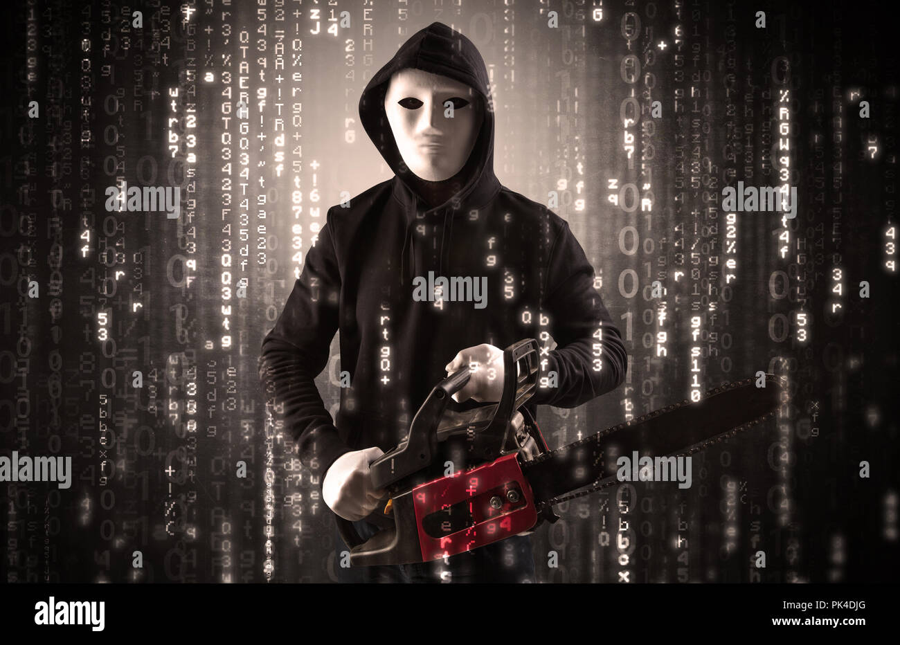 Masked and armed anonymous hacker breaking in cyber security cloud data ...