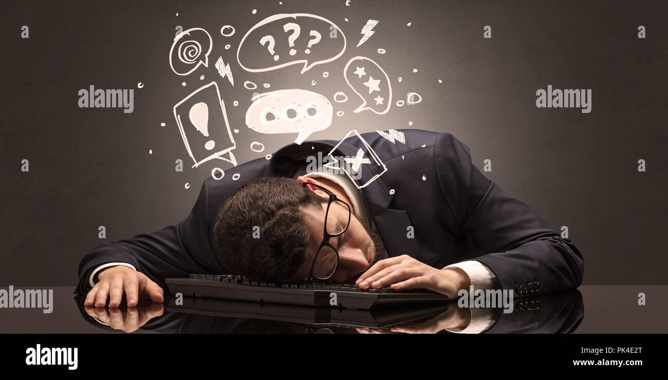 Elegant teacher fell asleep at his workplace with full draw blackboard ...