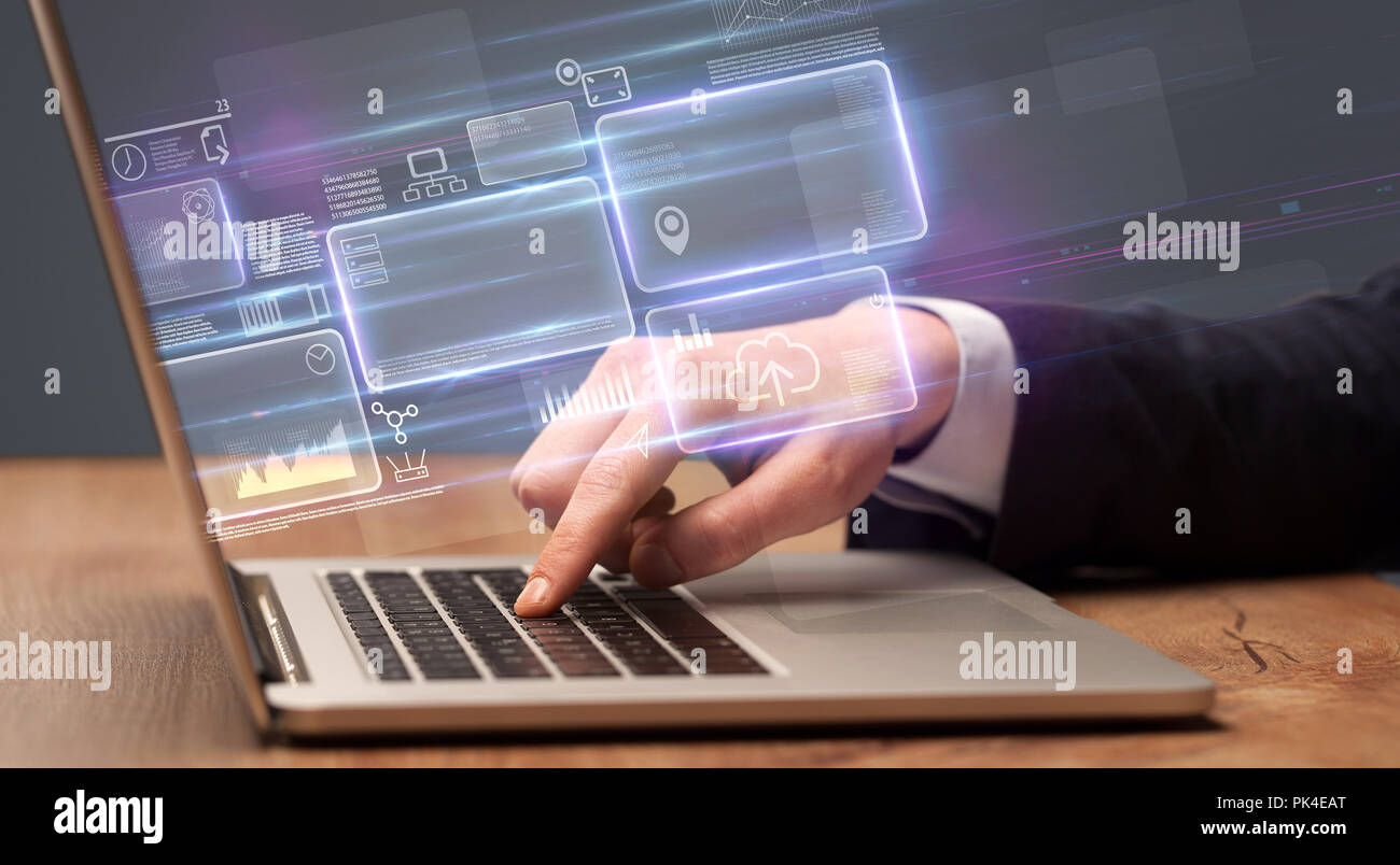 Hand typing on laptop with online accounting system concept Stock Photo ...