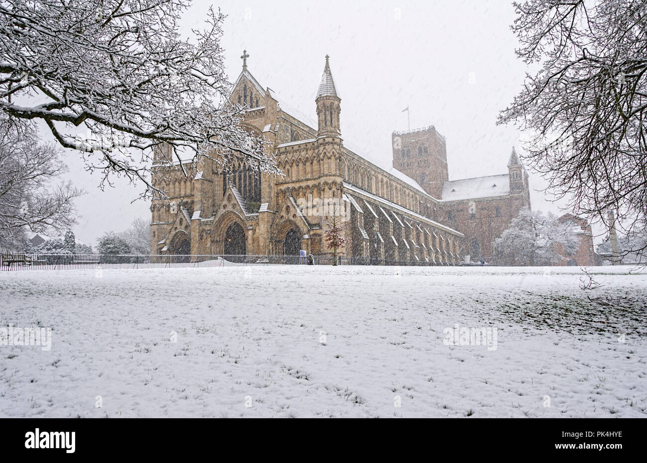 St. Albans Cathedral Snow scene UK Stock Photo - Alamy
