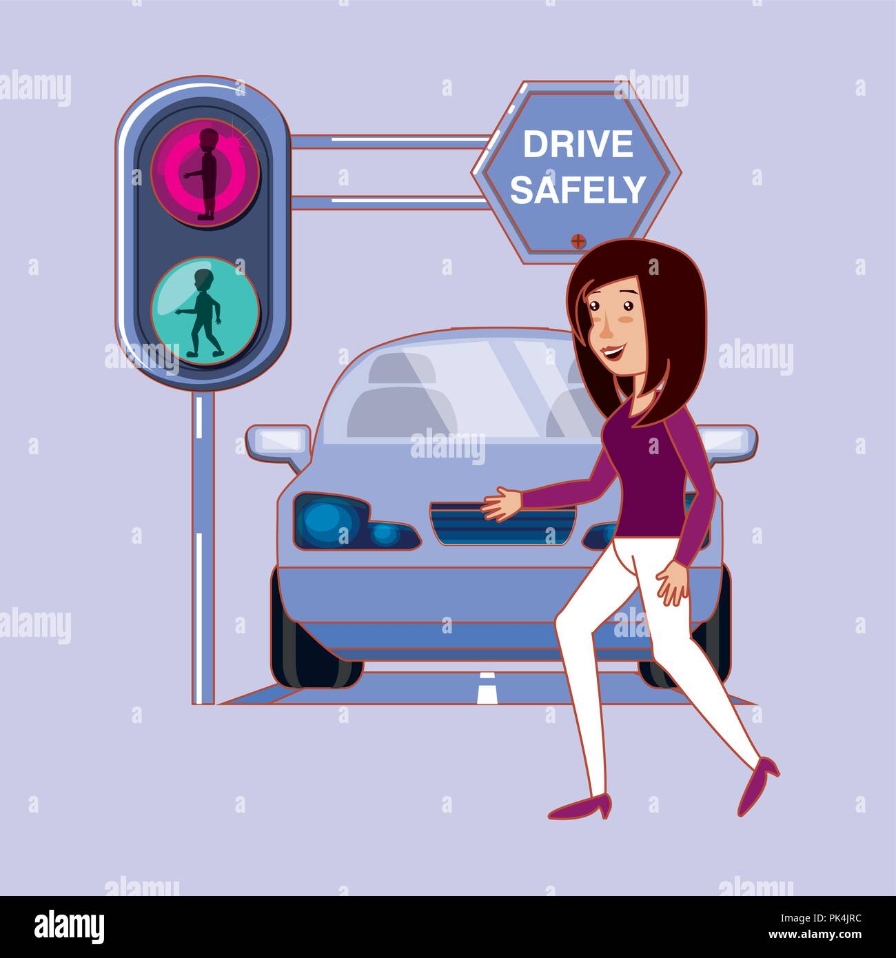drive safely design with pedestrian woman crossing the street and car ...