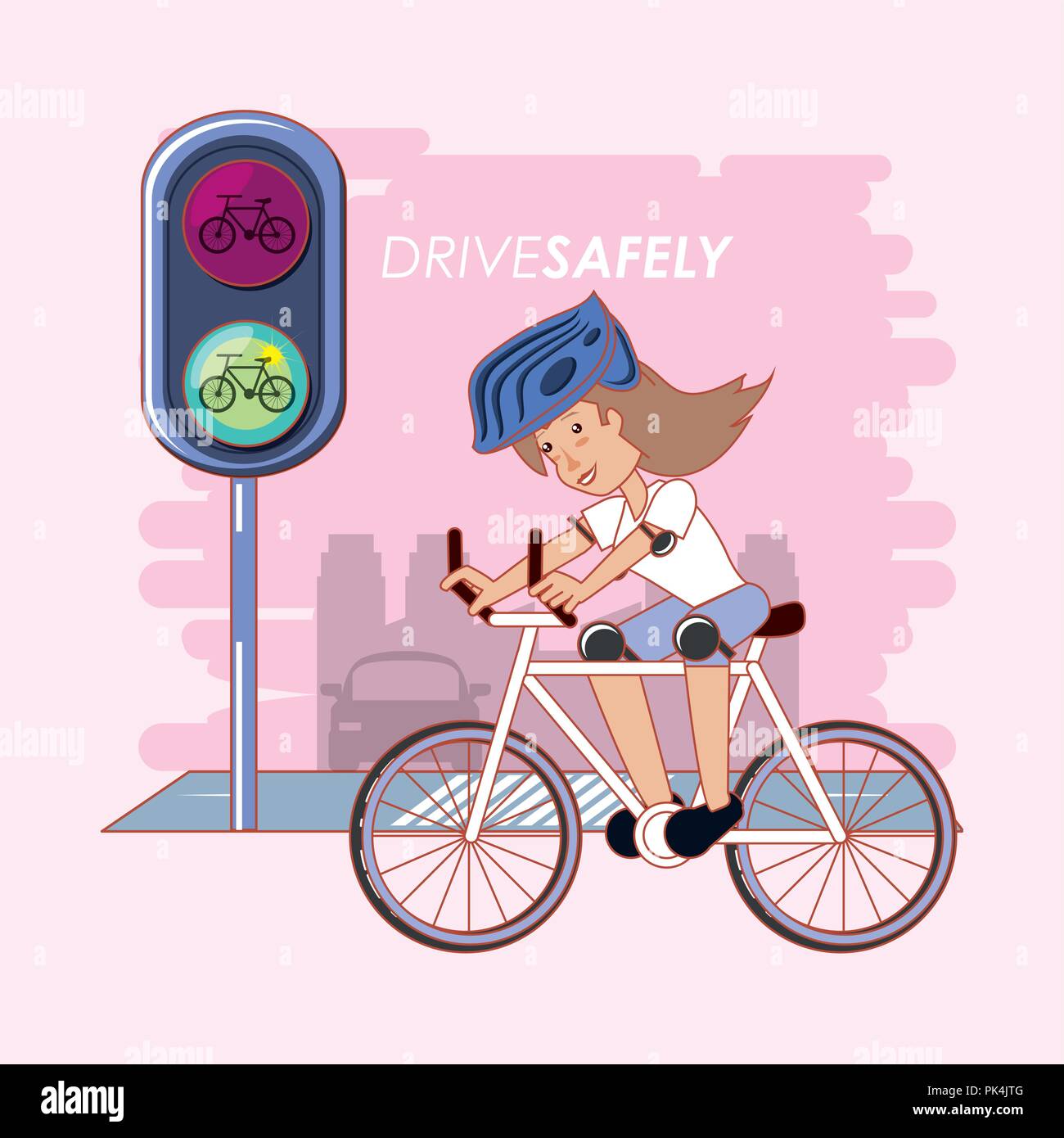 drive safely design with traffic light and woman riding bike over pink ...