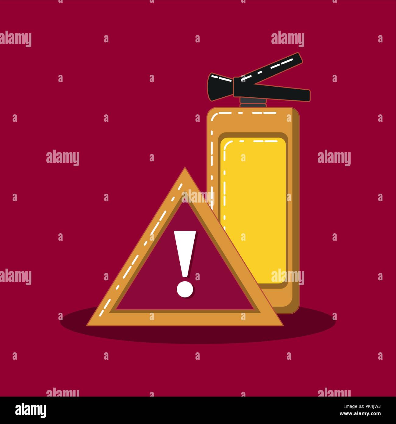 Fire extinguisher and warning sign over red background, colorful design ...
