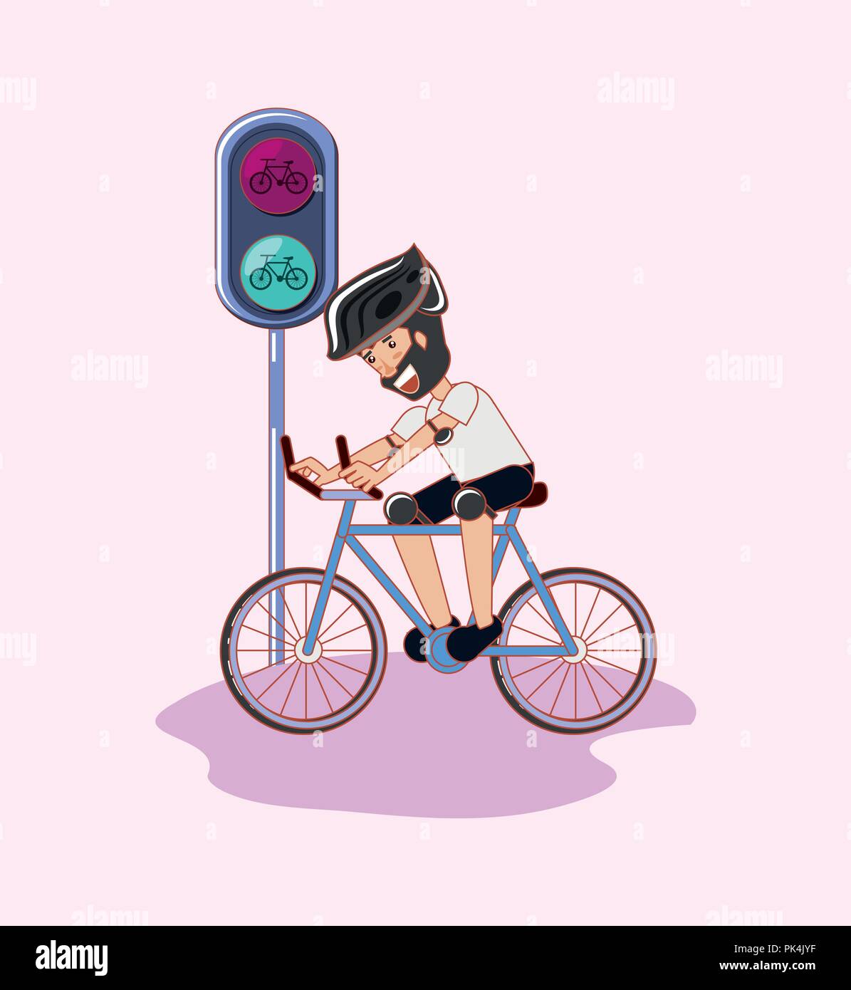 Traffic Light And Man Riding Bicycle Over Pink Background Colorful