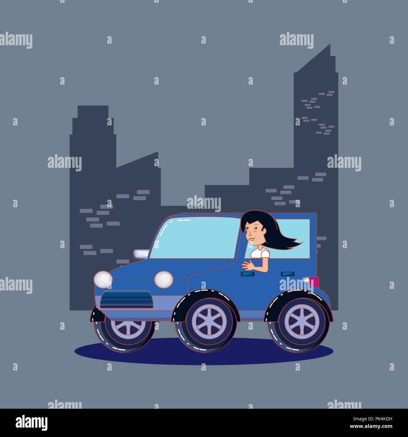 woman driving a sport car over city buildings, colorful design. vector ...