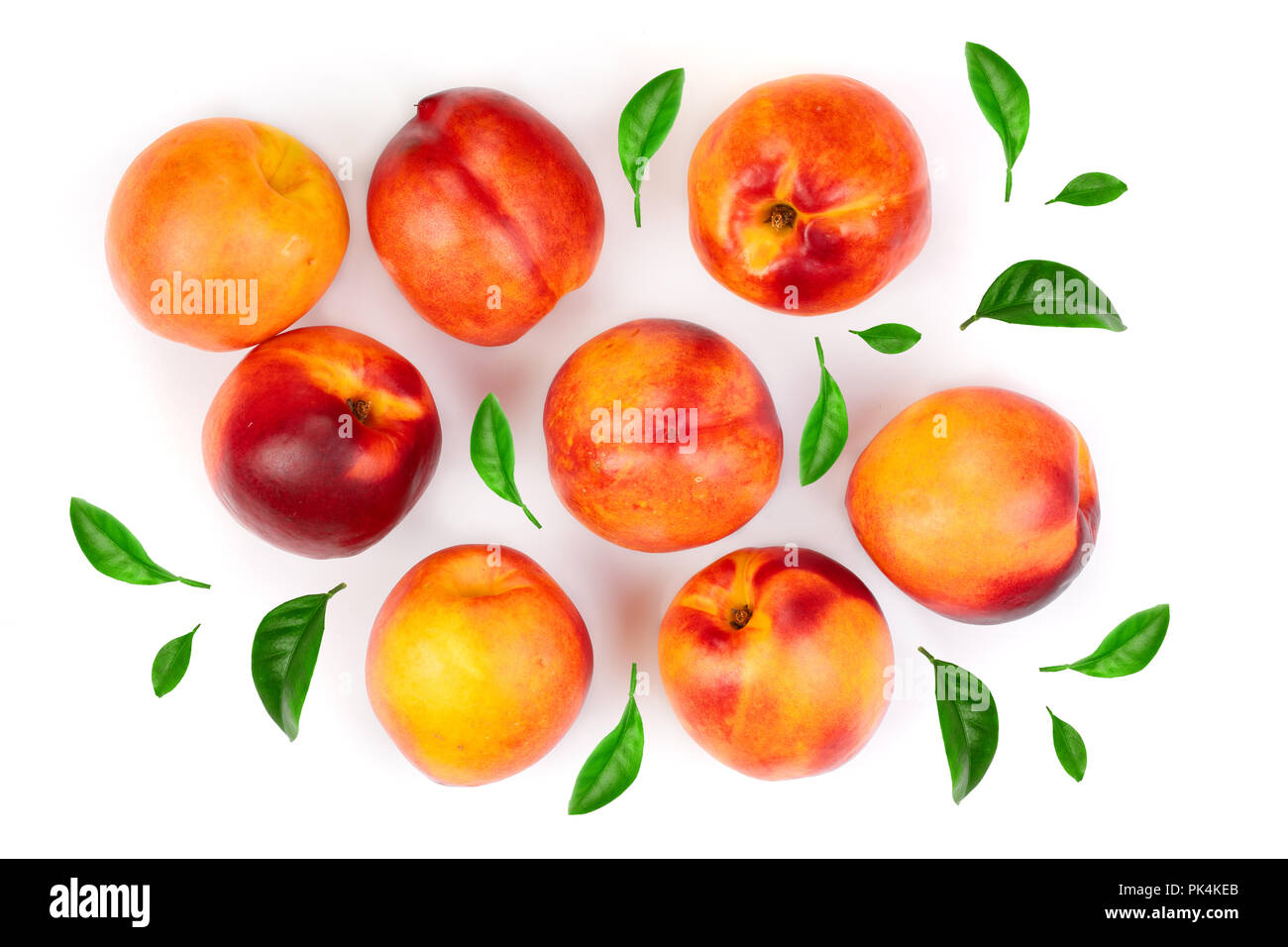 ripe nectarine with leaves isolated on white background. Top view. Flat ...