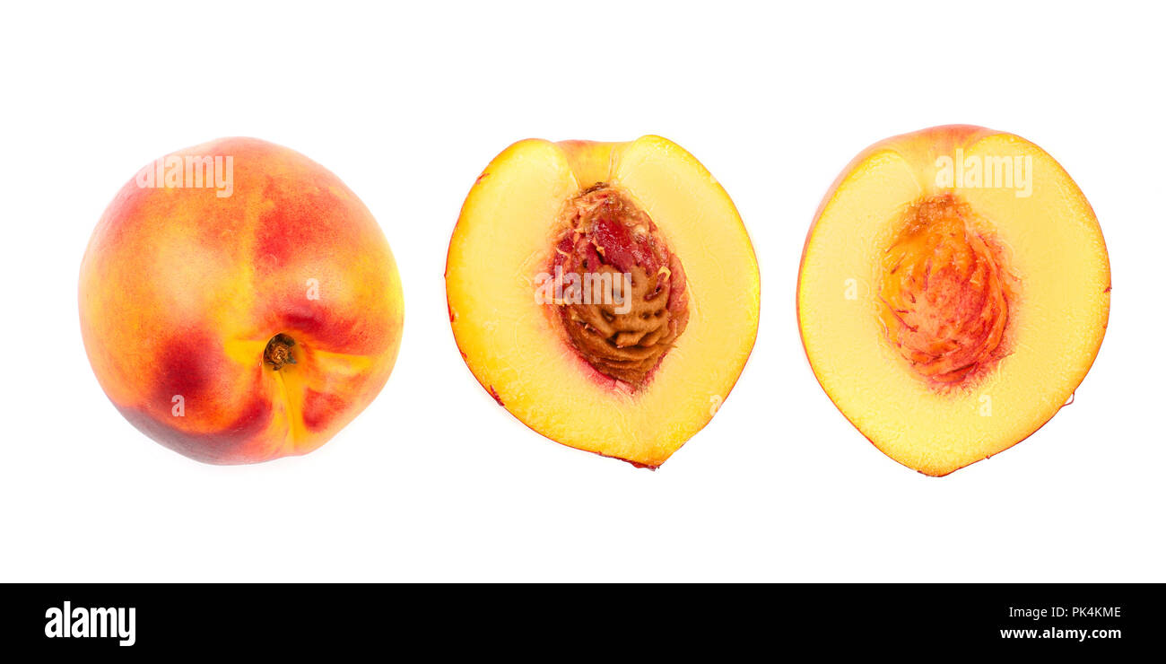 ripe nectarine isolated on white background. Top view. Flat lay pattern ...