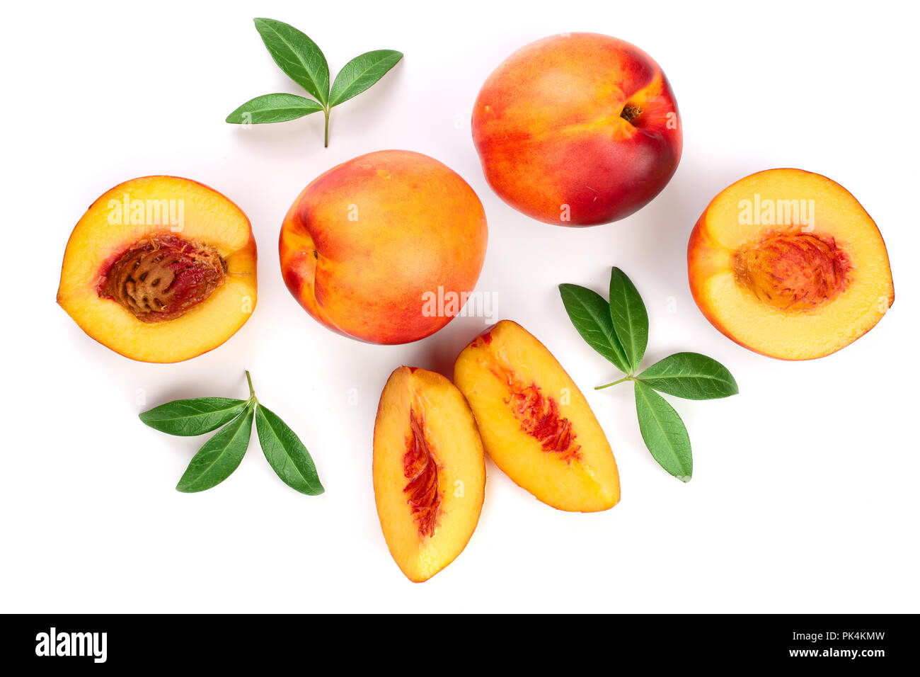 ripe nectarine with leaves isolated on white background. Top view. Flat ...