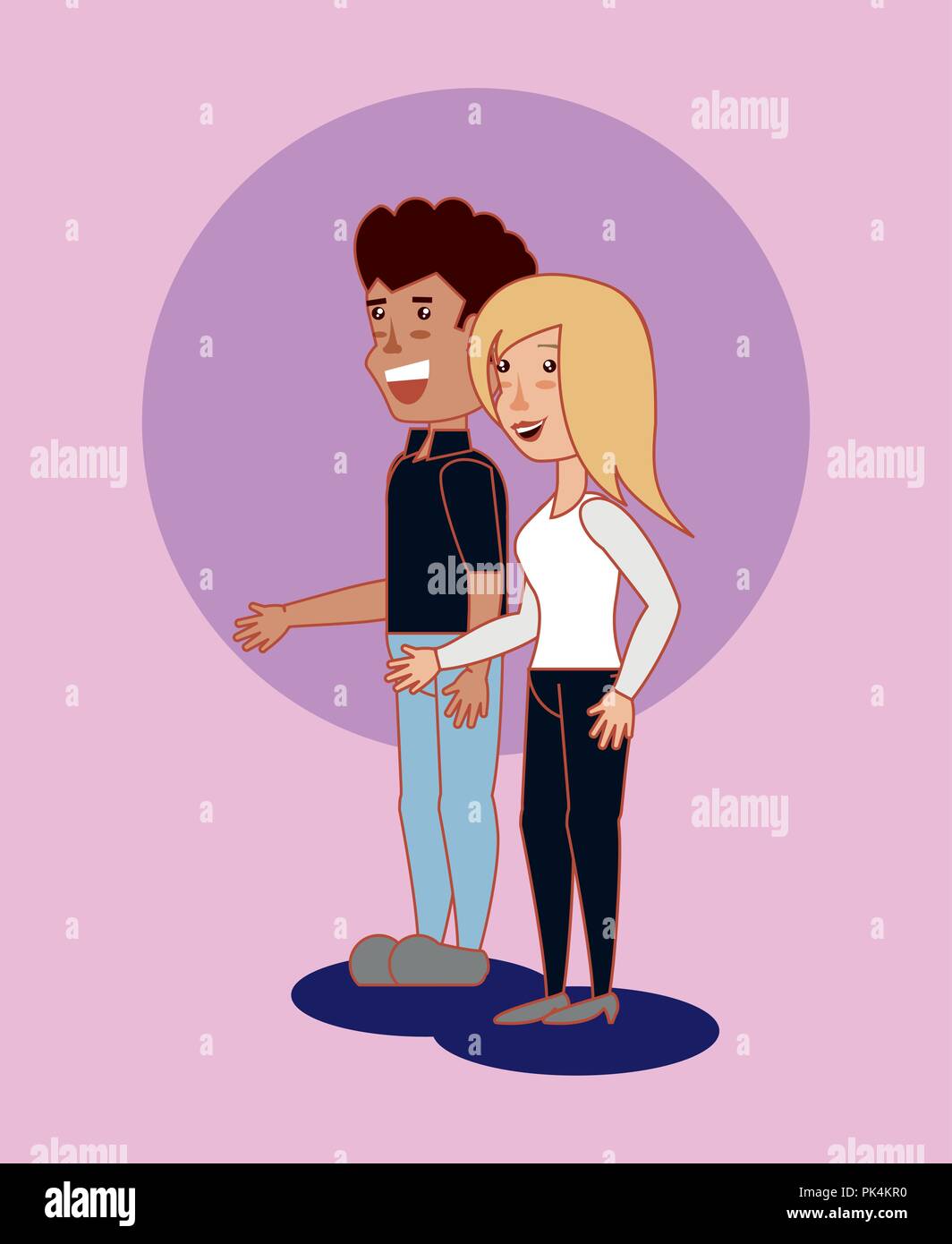 cartoon man and woman standing over pink background, colorful design ...
