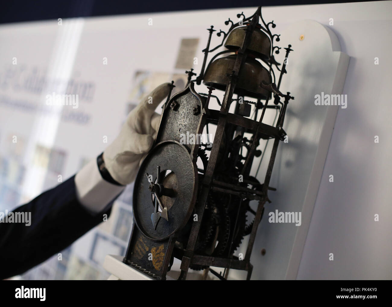A wrought iron gothic wall clock built in Germany, c 1500, which is on ...