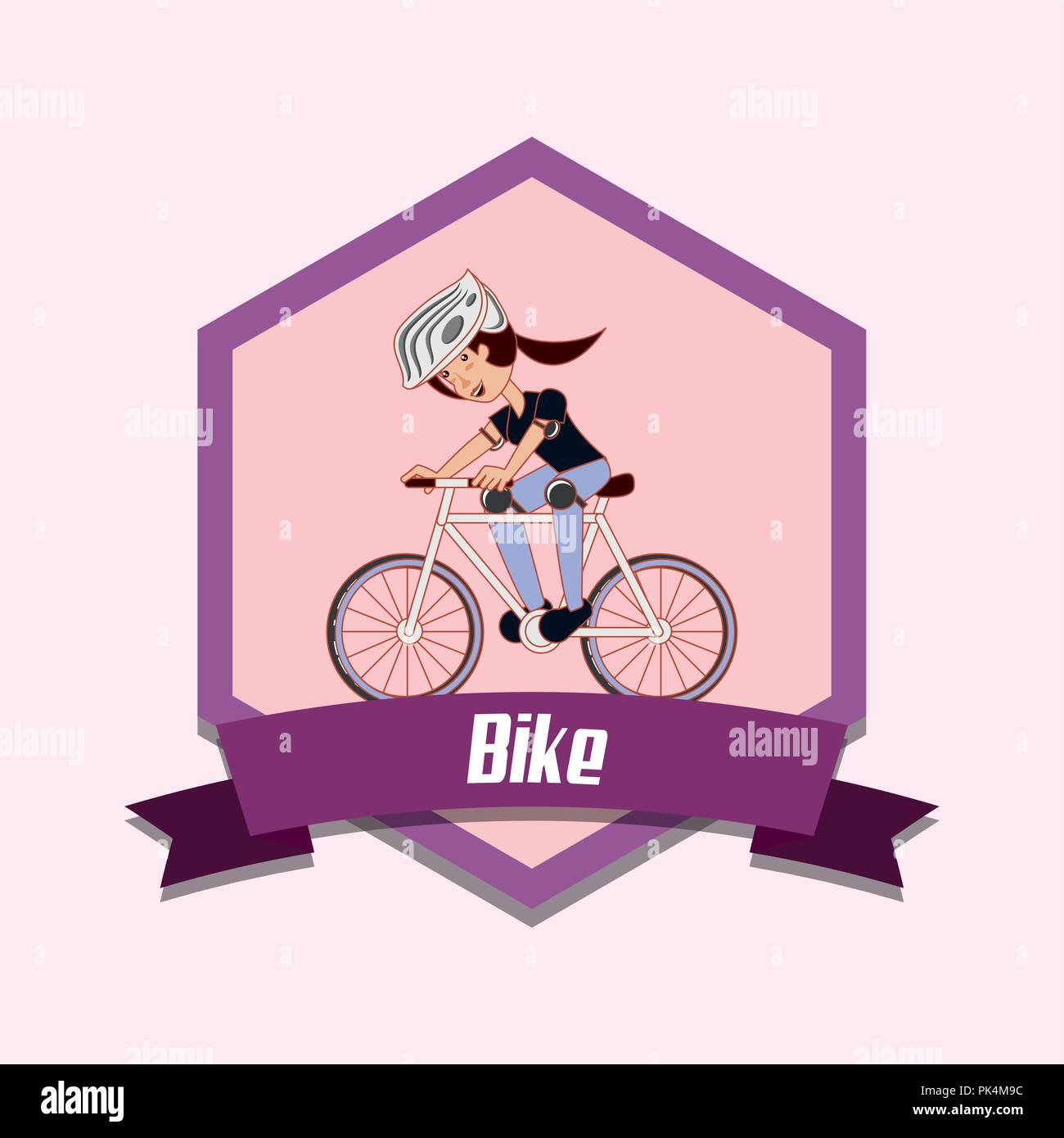 emblem of bike concept with woman riding bicycle over purple background ...