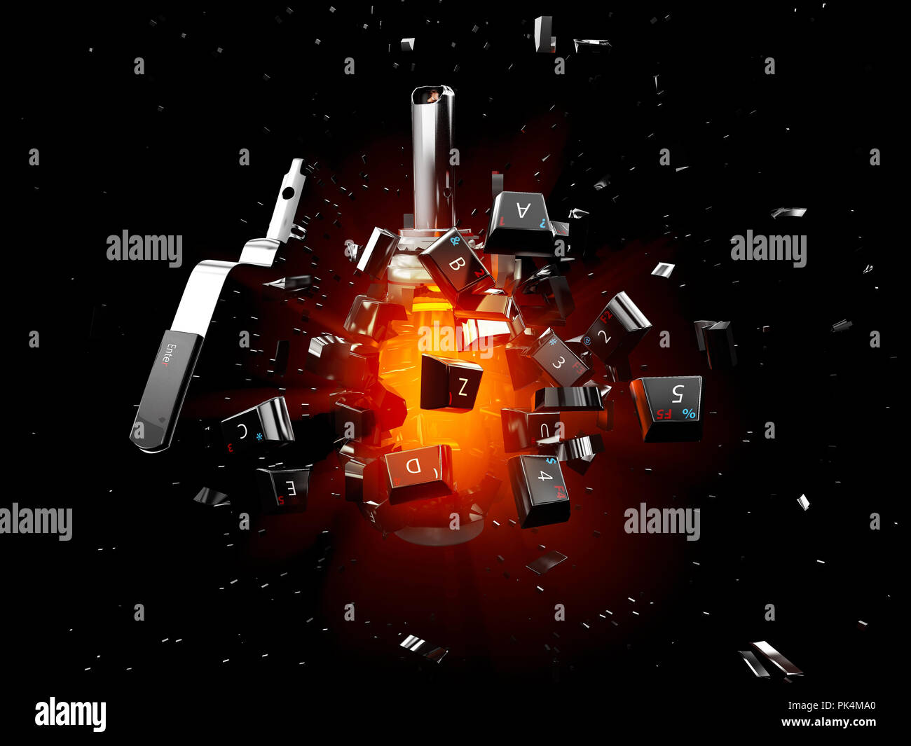 3D illustration of explosion keyboard grenade. Isolated on black ...