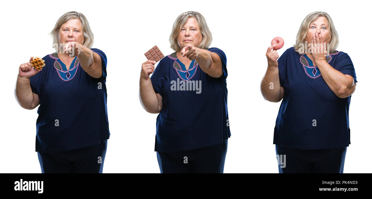 Collage of senior fat woman eating chocolate, donut and waffle over ...