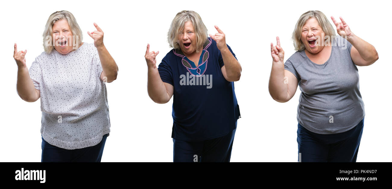 Collage of senior fat woman over isolated background shouting with ...