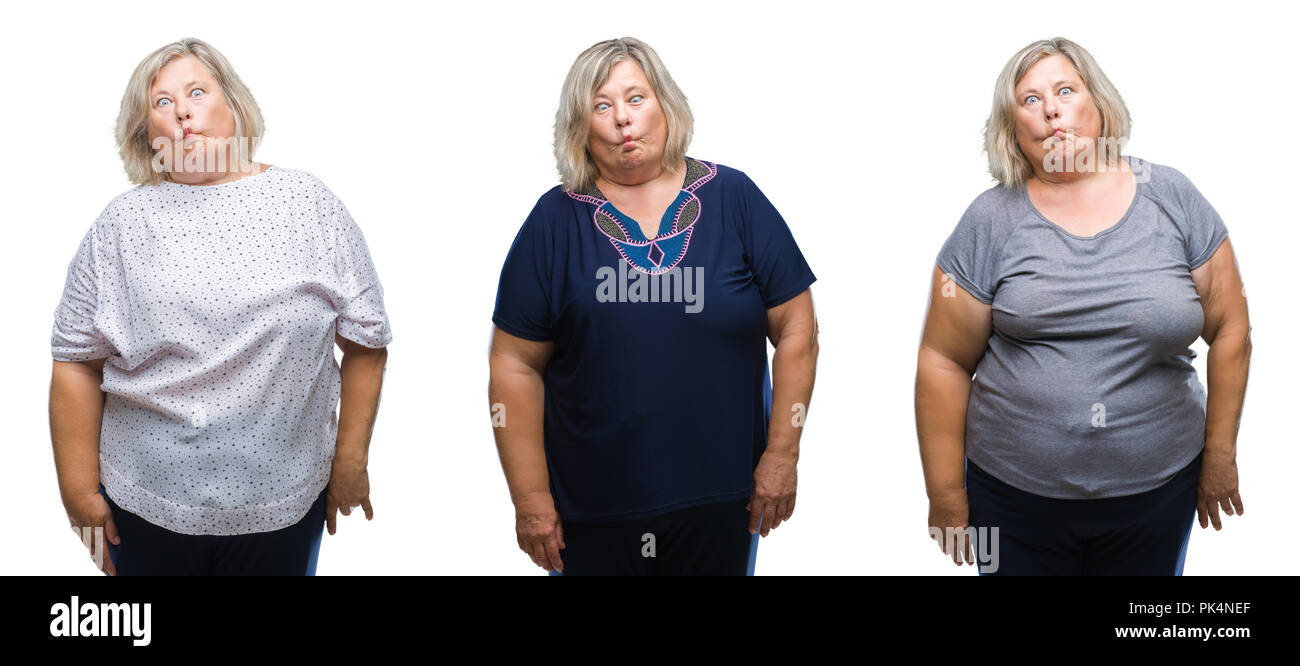 Collage of senior fat woman over isolated background making fish face ...