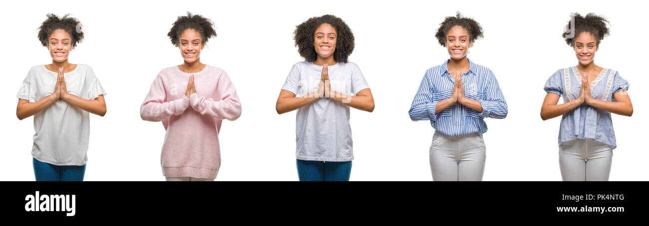 Collage of african american woman over isolated background praying with ...