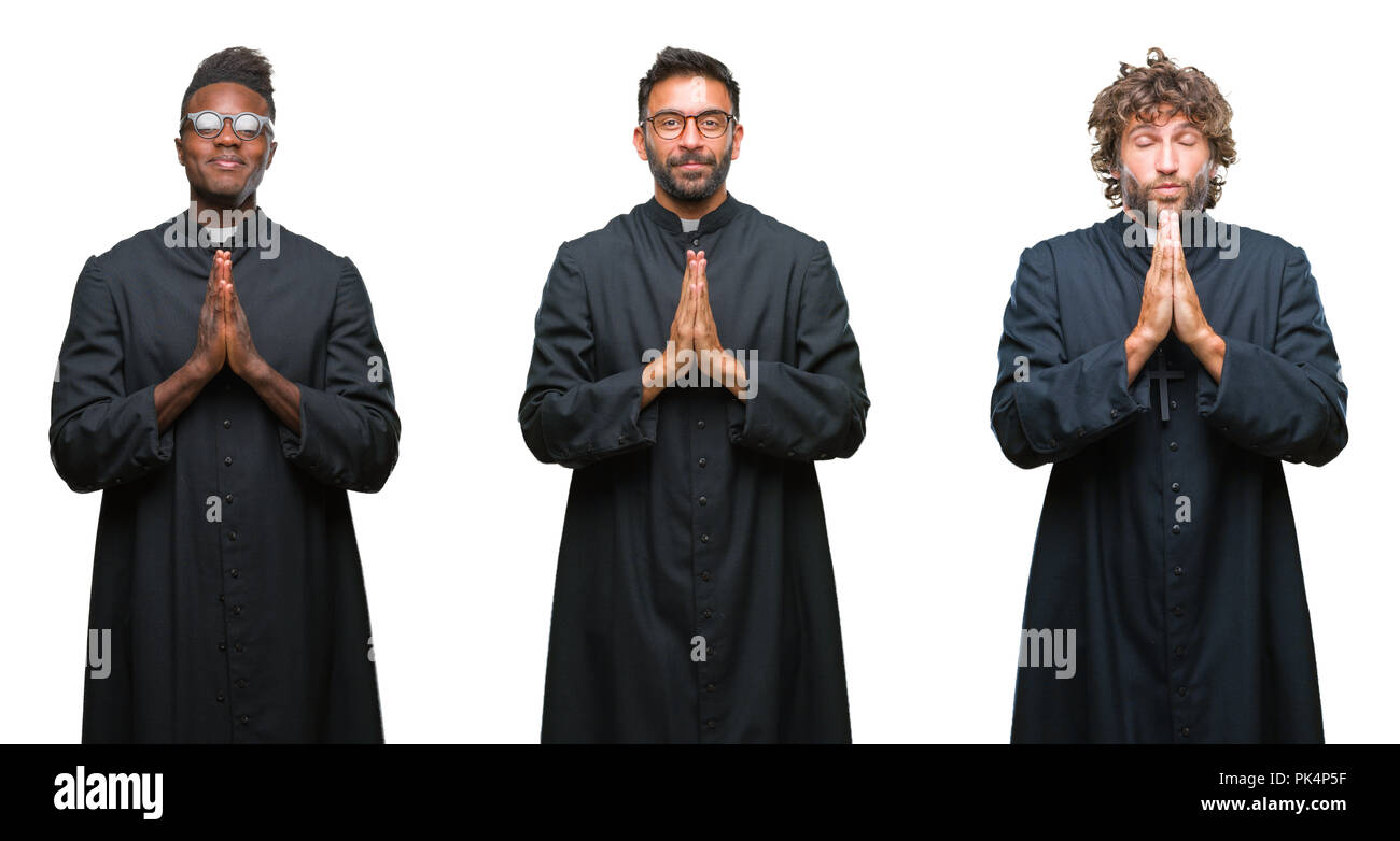 Collage of christian priest men over isolated background praying with ...