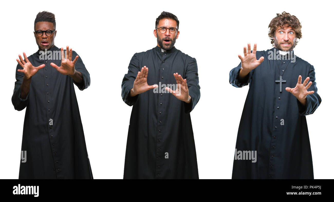 Collage of christian priest men over isolated background afraid and ...