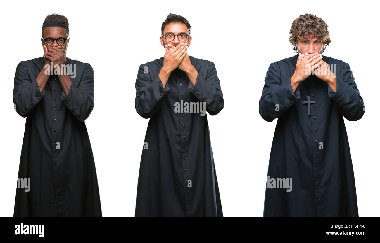 Collage of christian priest men over isolated background shocked ...