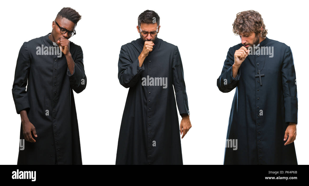 Collage of christian priest men over isolated background feeling unwell ...