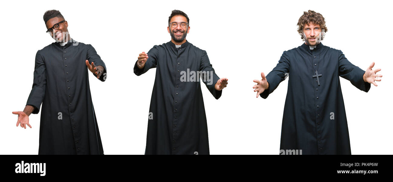Collage of christian priest men over isolated background looking at the ...