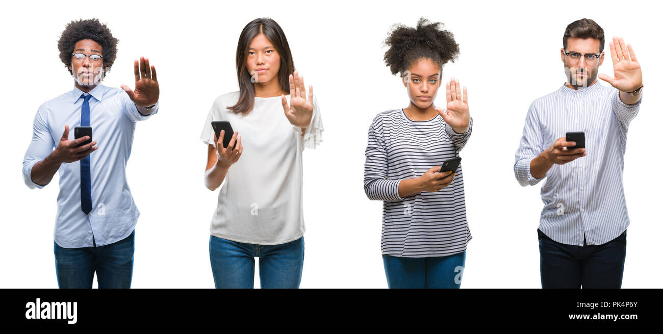 Collage of people texting sending message using smartphone over ...