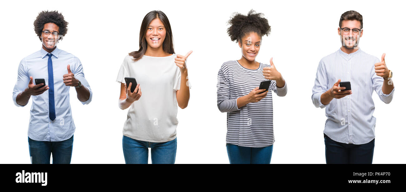 Collage of people texting sending message using smartphone over ...
