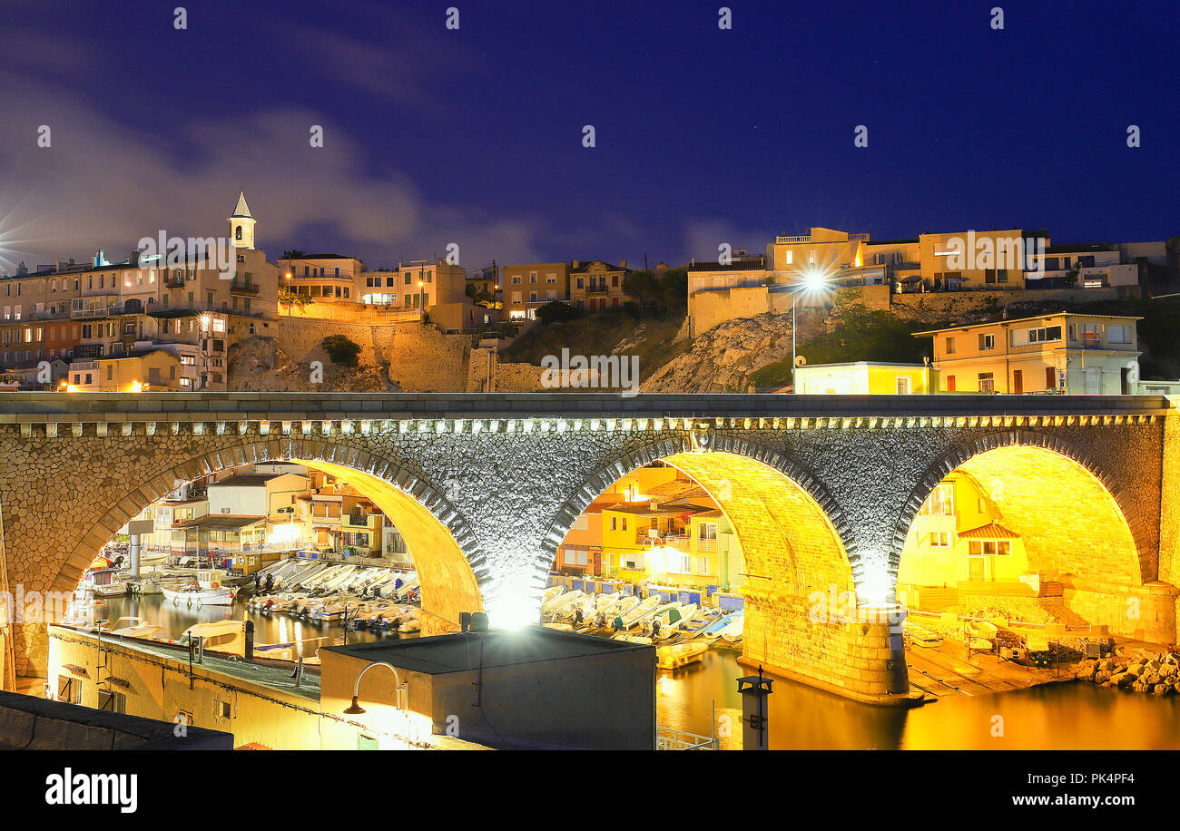 Harbor at Vallon des Auffes with the famous old bridge in Marseille at ...
