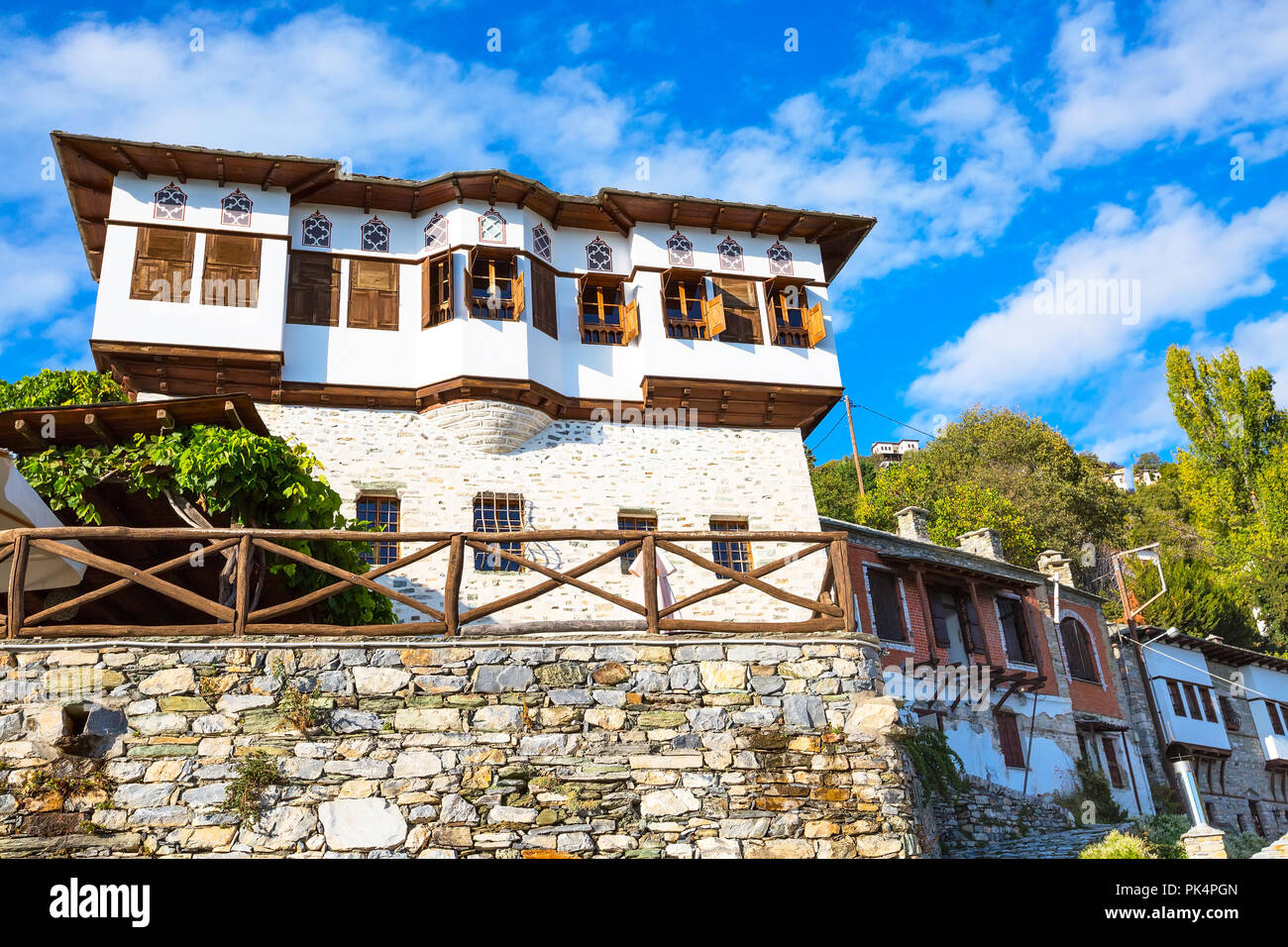 Street and houses view at Makrinitsa village of Pelion, Greece Stock ...