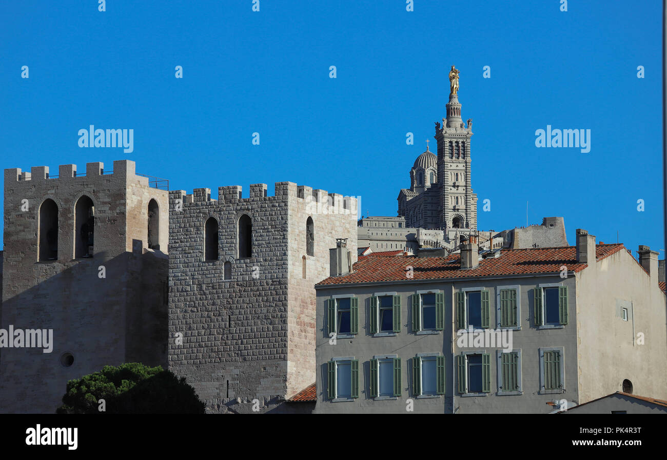 Notre-Dame de la Garde cathedral and Abbey of Saint Victor towers in ...