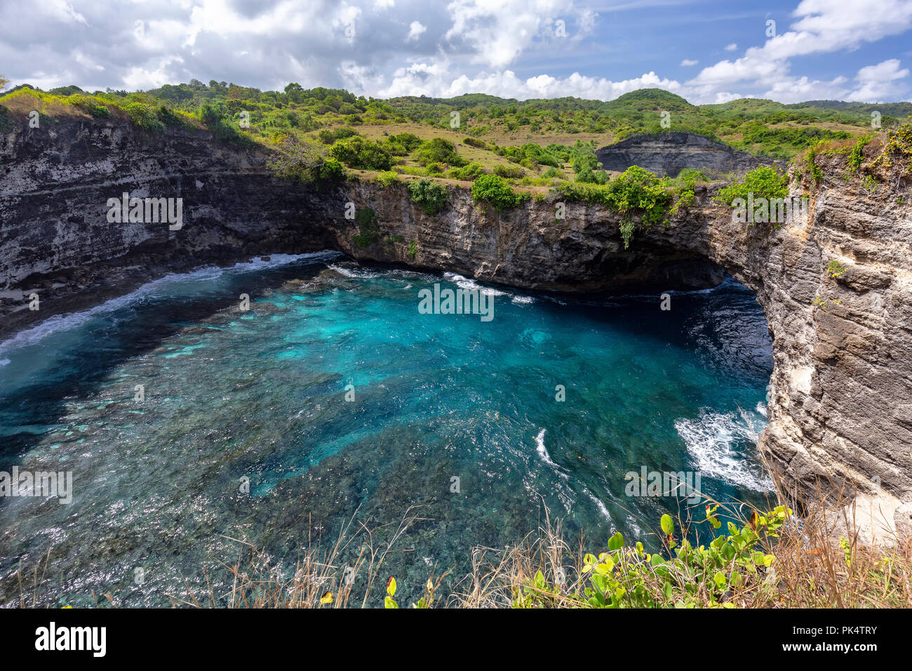 A sunny day at beautiful Broken Beach on Nusa Penida Island near Bali ...