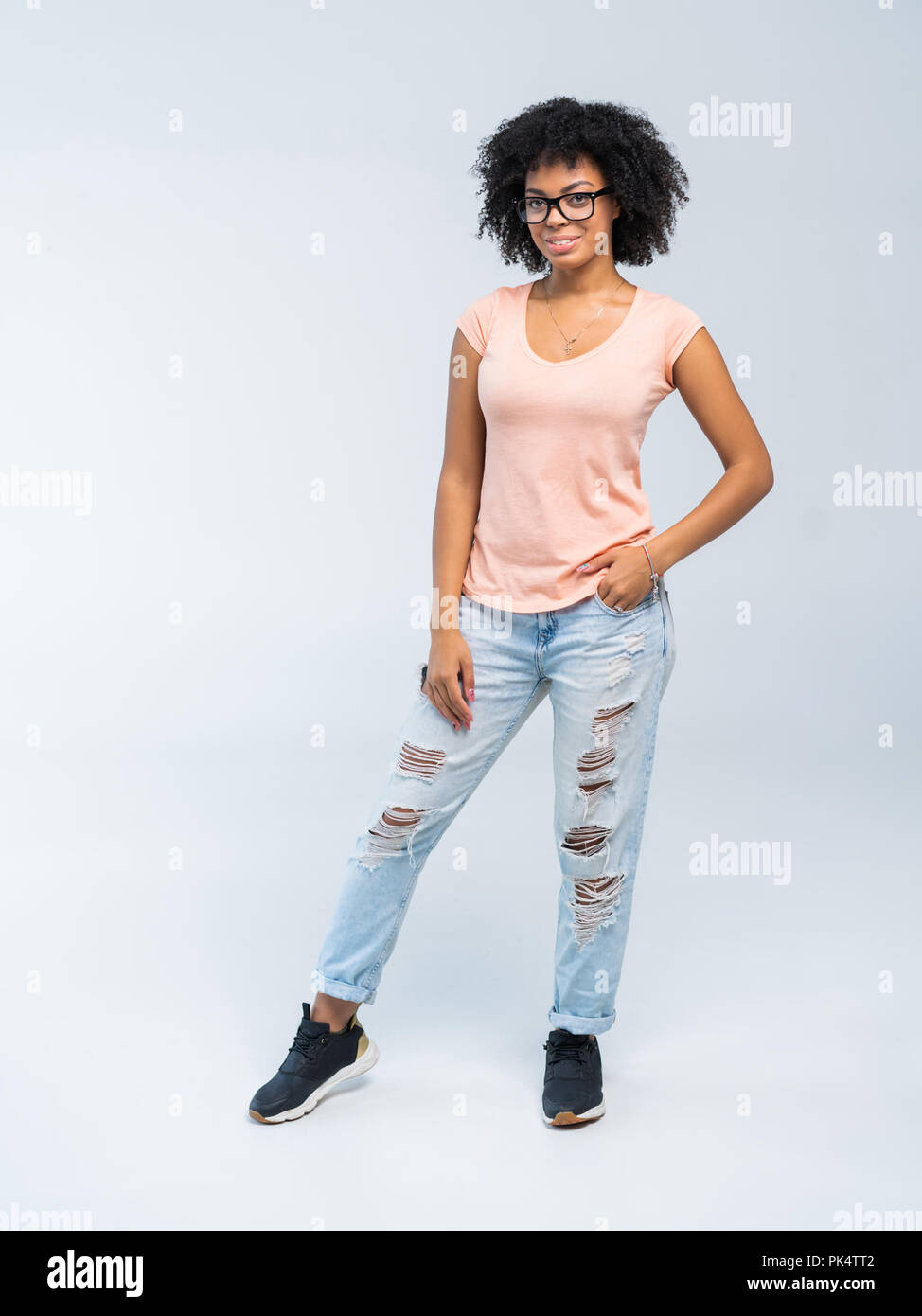 Happy african american woman isolated on white background Stock Photo ...