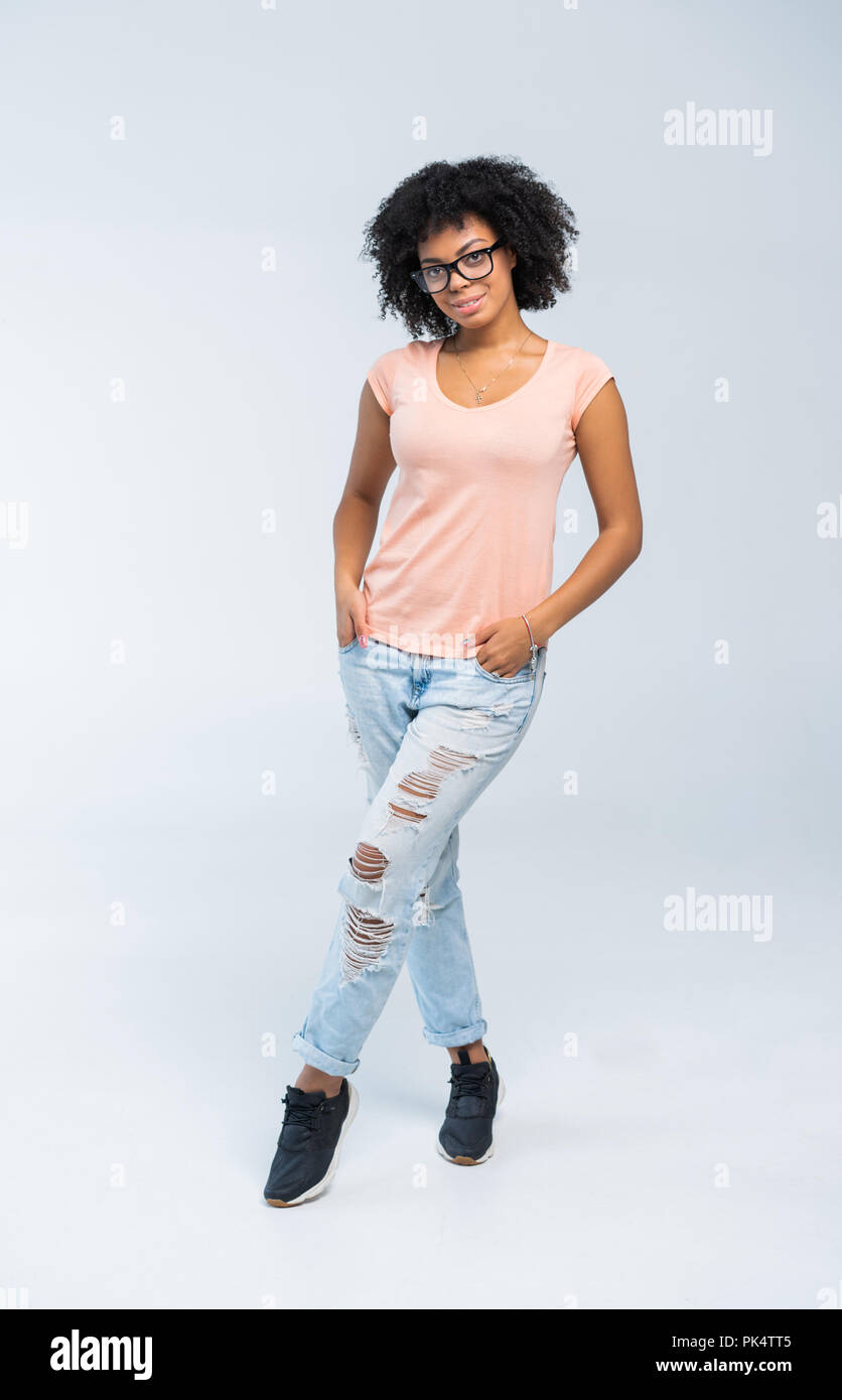 Happy african american woman isolated on white background Stock Photo ...