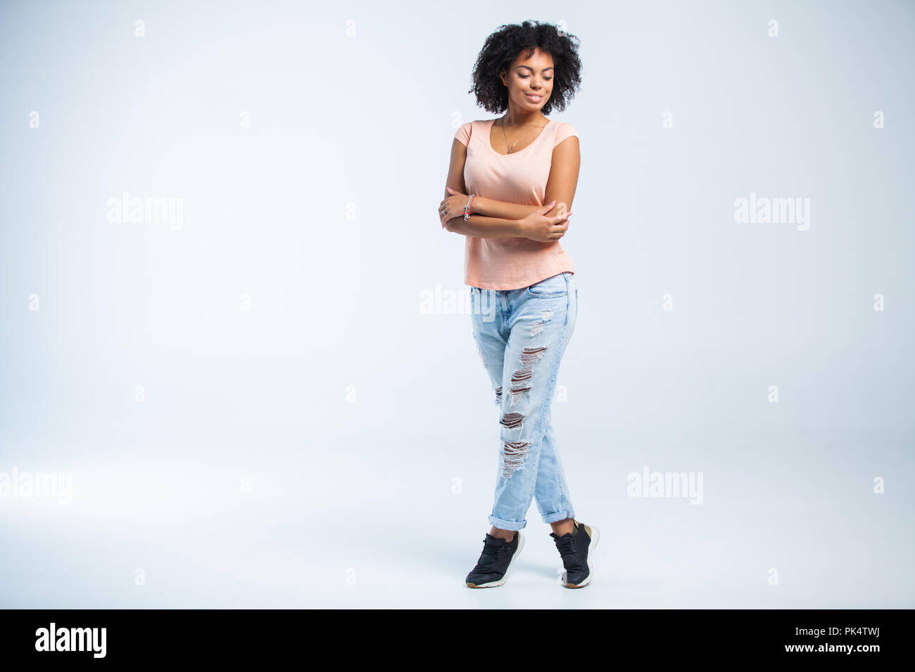 Happy african american woman isolated on white background Stock Photo ...