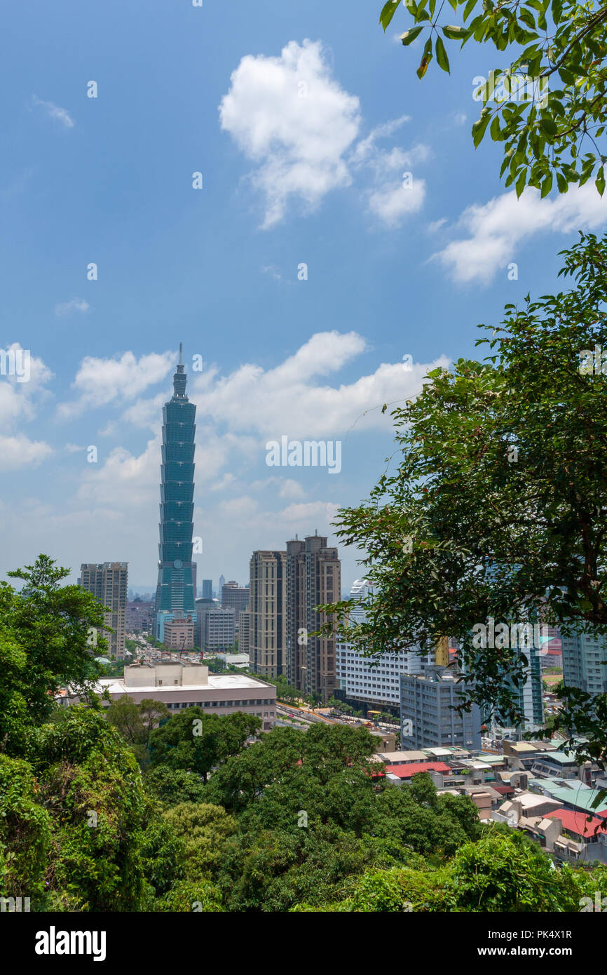 Taipei 101 tower in the skyline, a landmark supertall skyscraper viewed ...