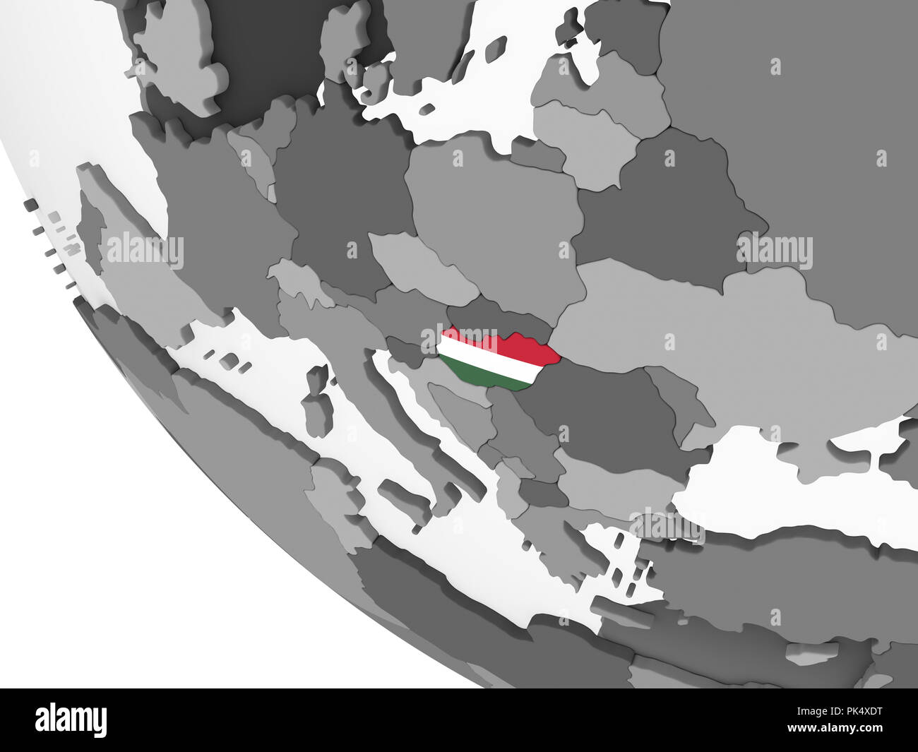 Hungary on gray political globe with embedded flag. 3D illustration ...