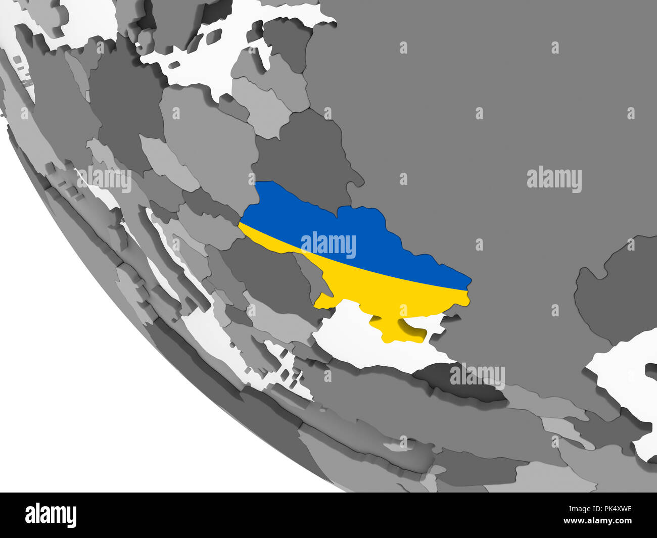 Ukraine on gray political globe with embedded flag. 3D illustration ...