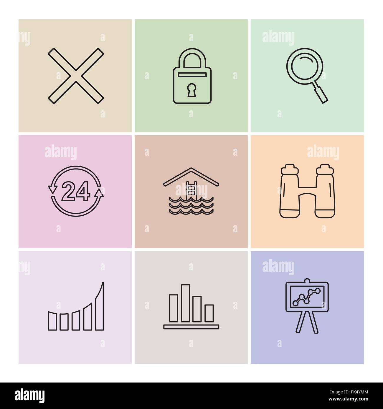 lock , search , cross , chart , graph , percentage , navigation , share ...