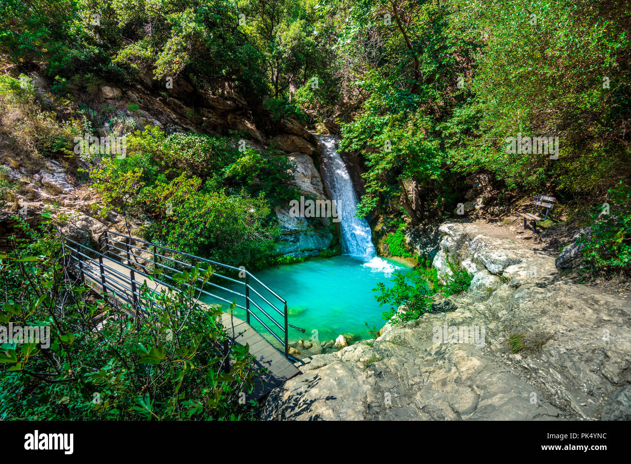 Waterfall in the Neda. The Neda is a river in the western Peloponnese ...