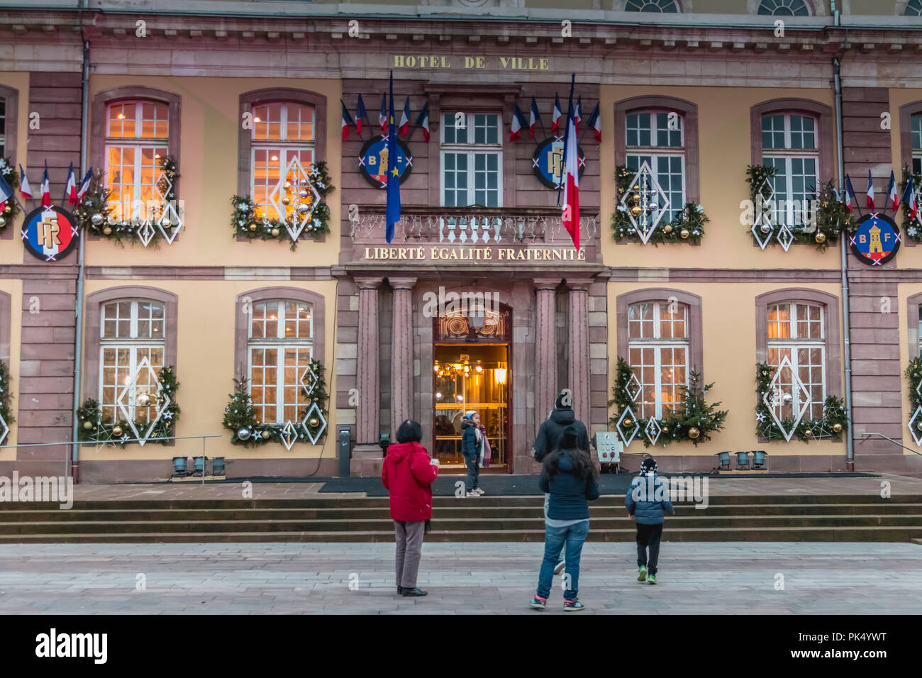 Belfort, France, December 26, 2016: The town hall and the Place d'Armes ...
