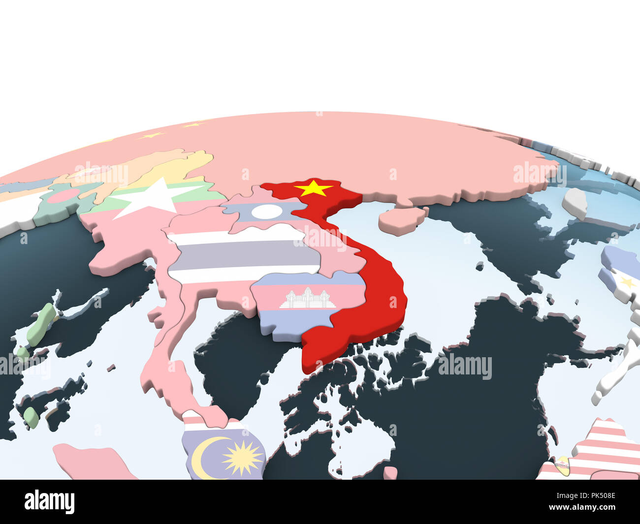 Vietnam on bright political globe with embedded flag. 3D illustration ...