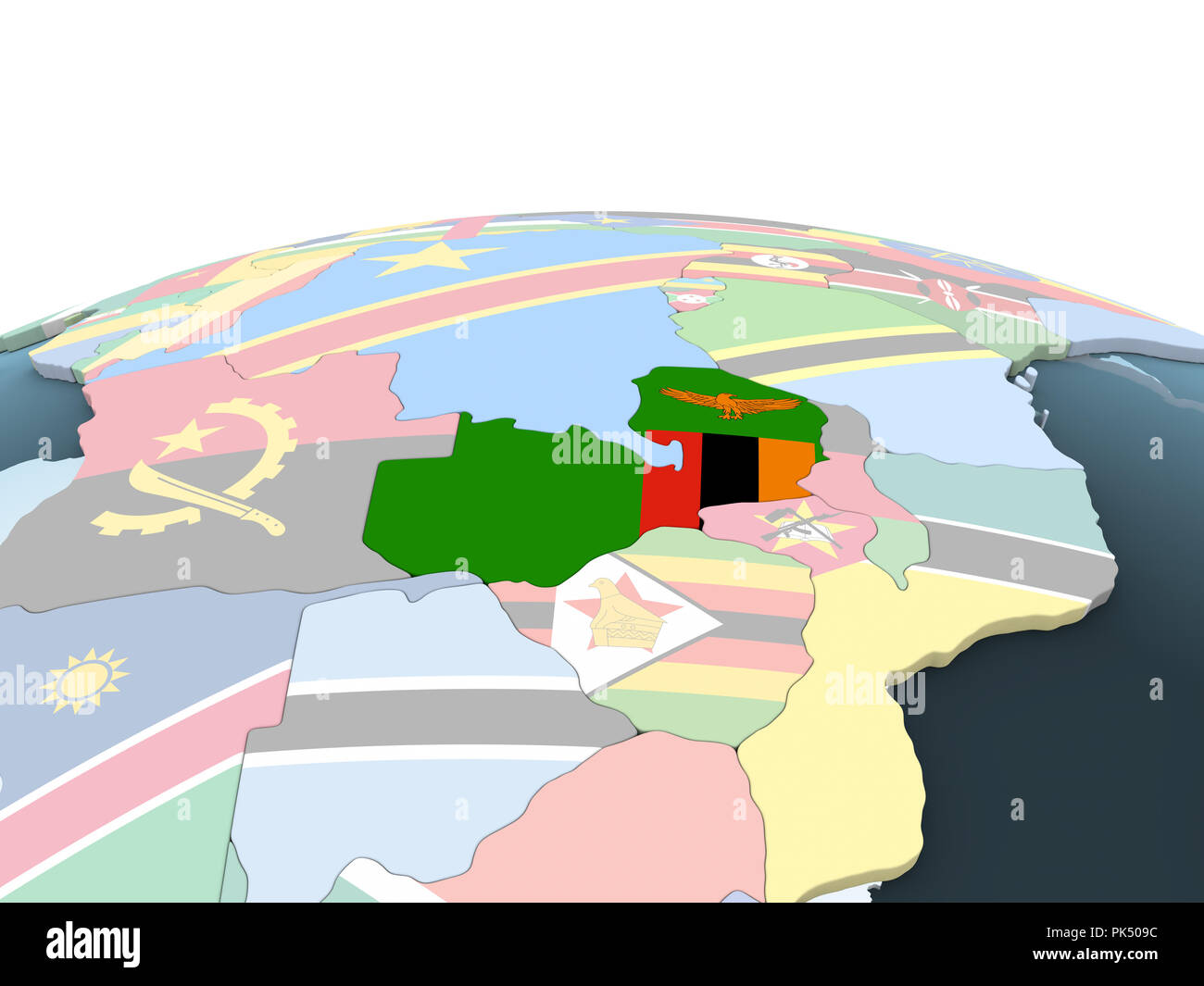 Zambia on bright political globe with embedded flag. 3D illustration ...