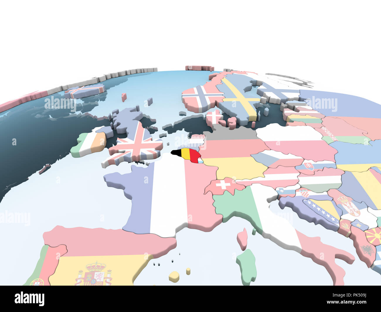 Belgium on bright political globe with embedded flag. 3D illustration ...