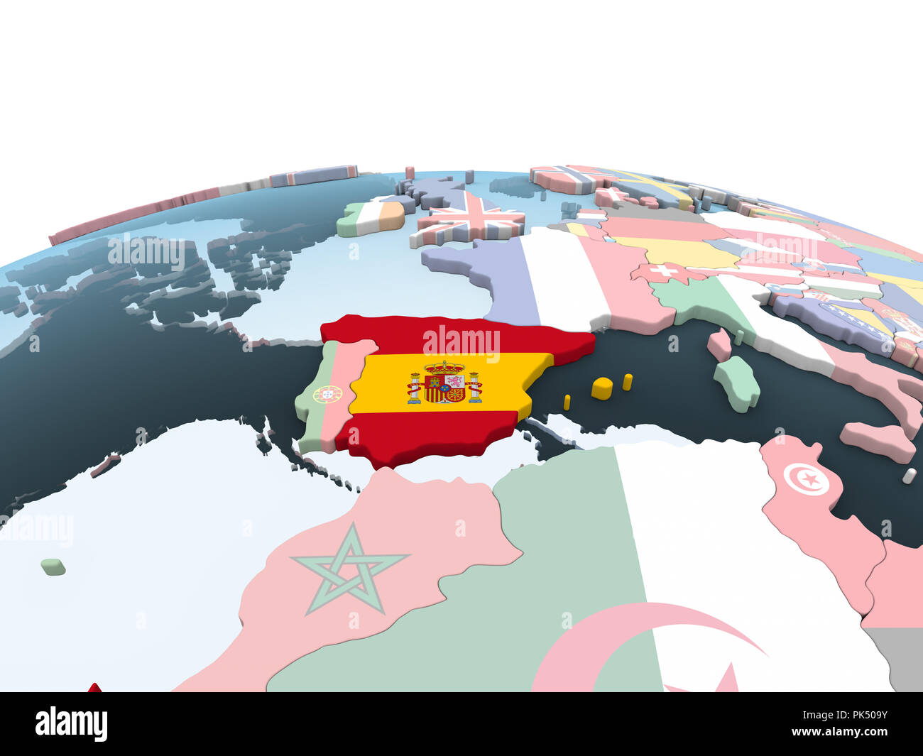 Spain on bright political globe with embedded flag. 3D illustration ...