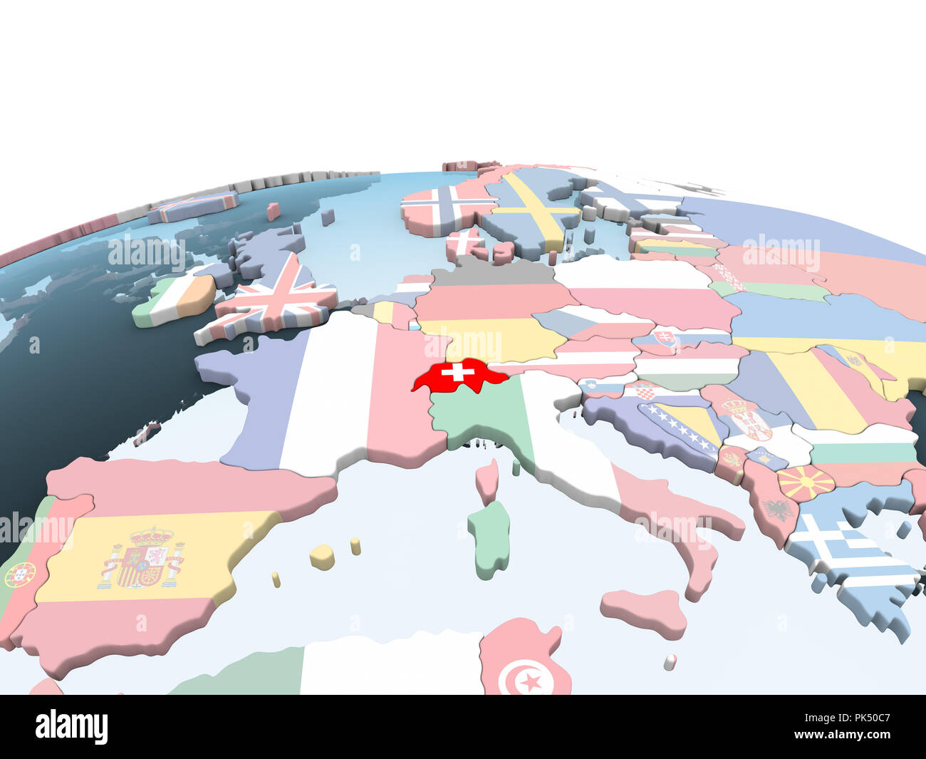 Switzerland on bright political globe with embedded flag. 3D ...