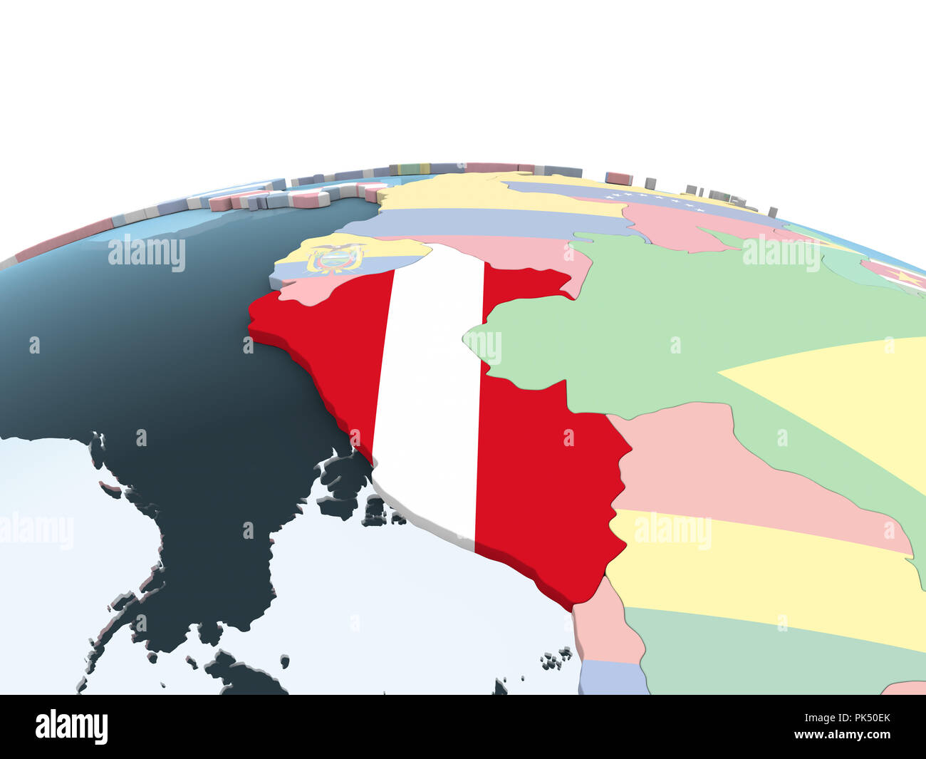 Peru on bright political globe with embedded flag. 3D illustration ...